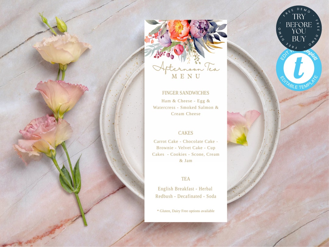 Afternoon Tea Menu Template | Editable Event Menu Card | Printable Menu ...