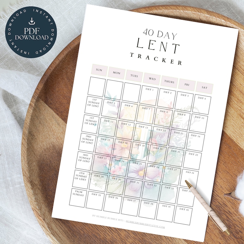 Cross Lent Calendar | 2024 Lent Tracker | 40 Day Lenten Undated ...
