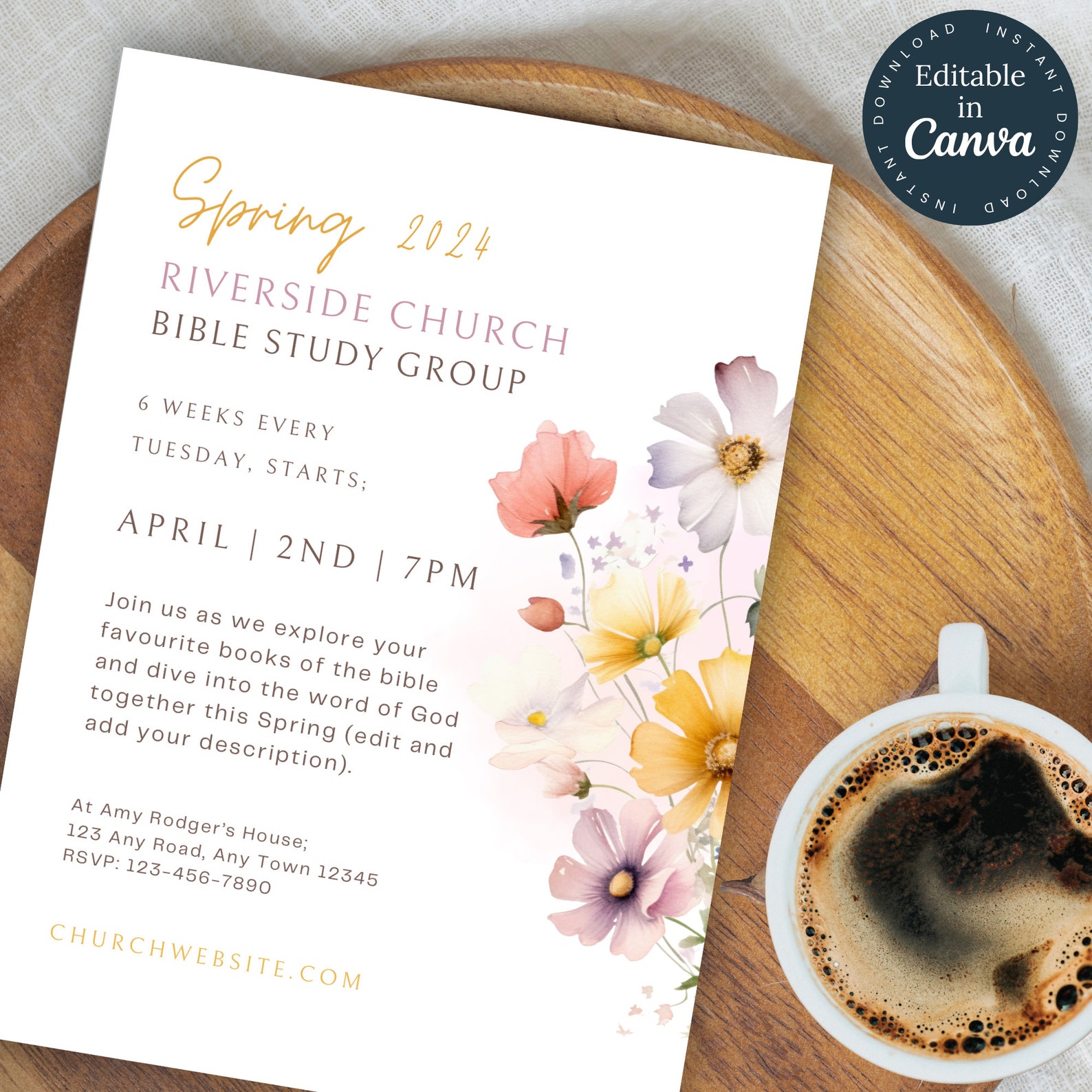 Church Bible Study Flyer Invite | Spring Flowers Invitation Template ...