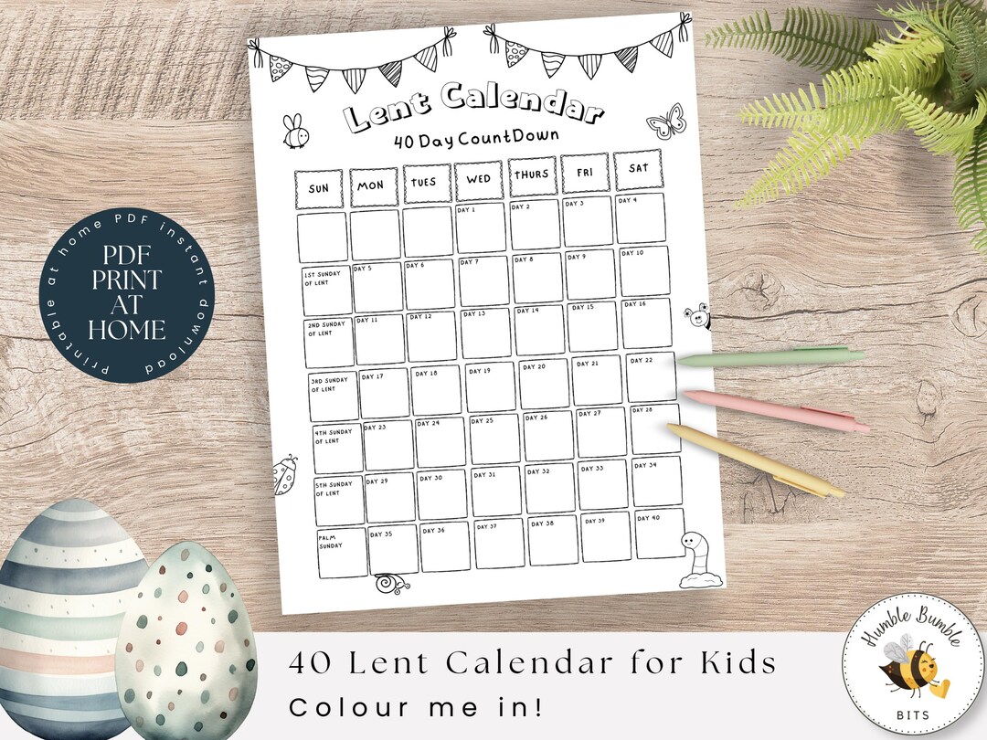 40 Days of Lent Calendar for Kids | Printable Coloring Lent Activity ...