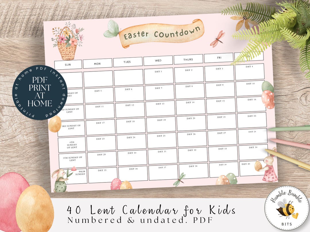 Easter Countdown Calendar, 2025 Lent Calendar, Cute Lent Tracker, 40 ...