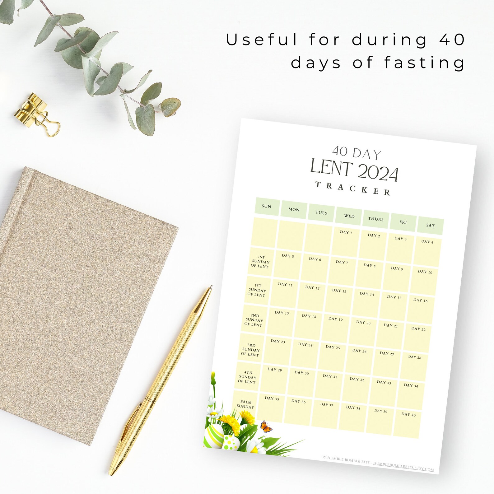 Yellow Lent Calendar 2024 Lent Tracker 40 Day Lenten Calendar Lent ...
