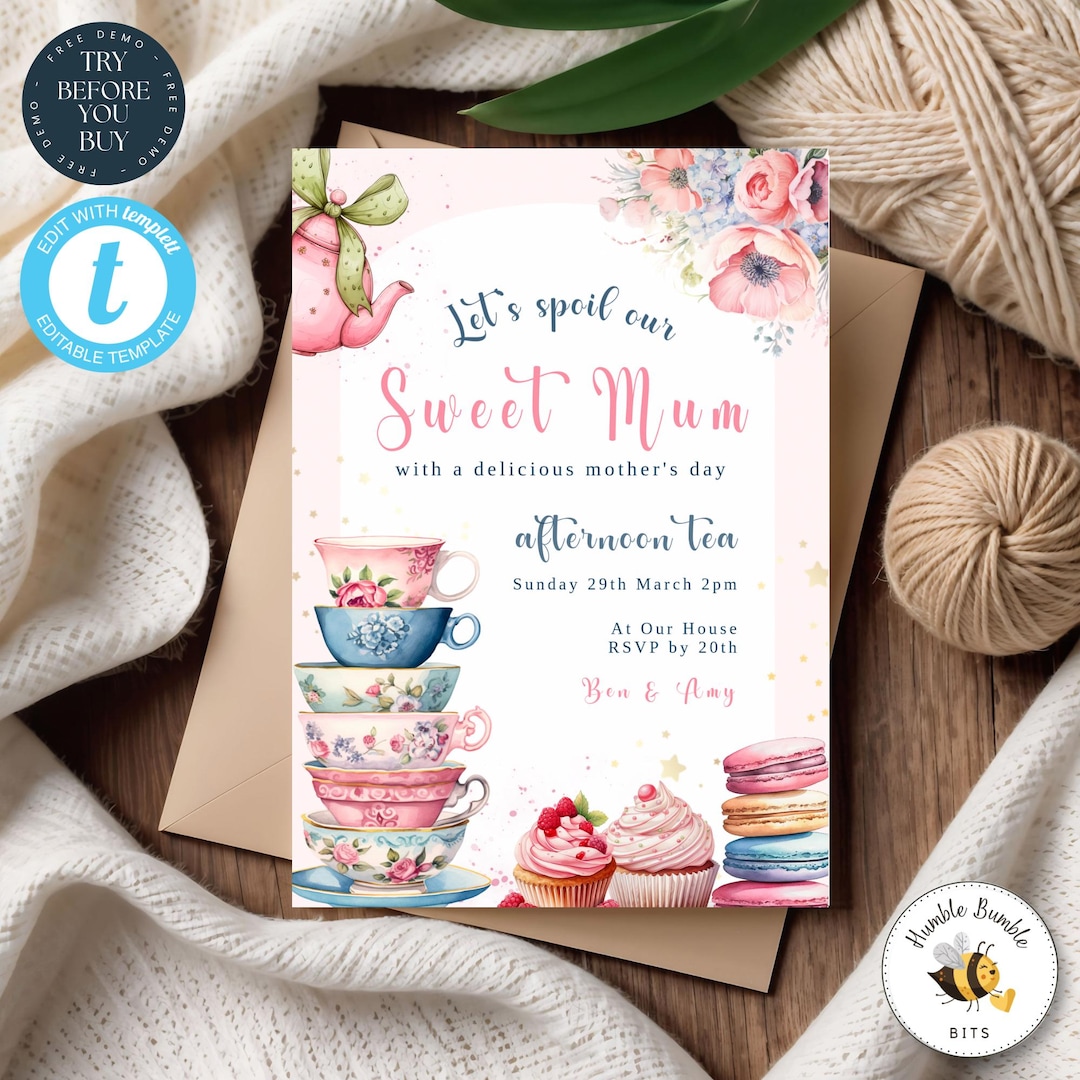 Sweet Mom Mother's Day Afternoon Tea Invitation - Editable High Tea ...