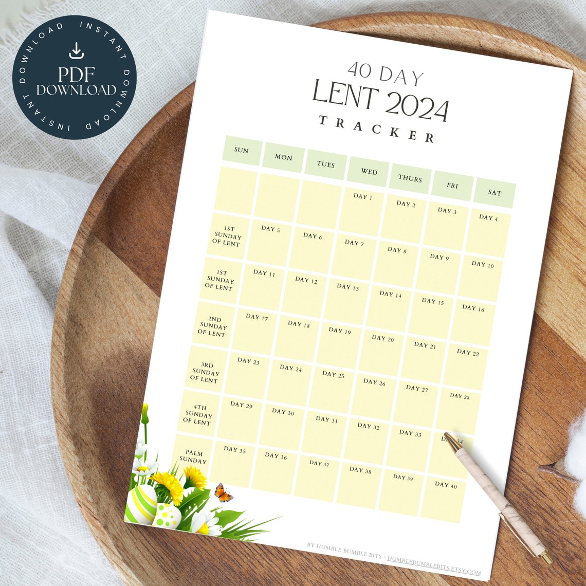 Yellow Lent Calendar 2024 Lent Tracker 40 Day Lenten Calendar Lent ...