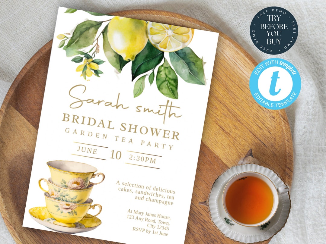 Citrus Lemons Bridal Shower Garden Tea Party Invite Family Gathering Event Invite Tea Party ...