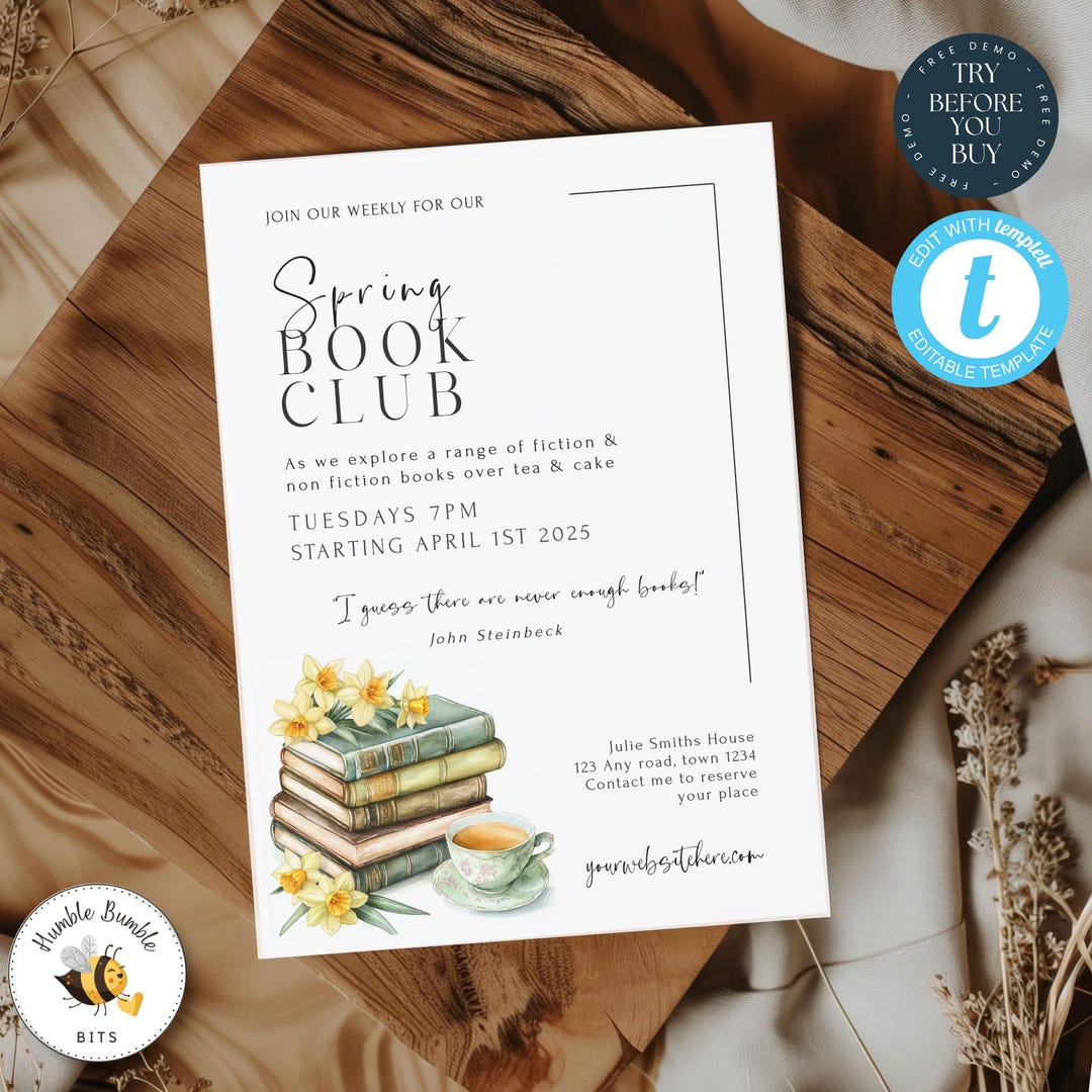 Spring Book Club Invitation Template - Editable Invite - Book Club ...