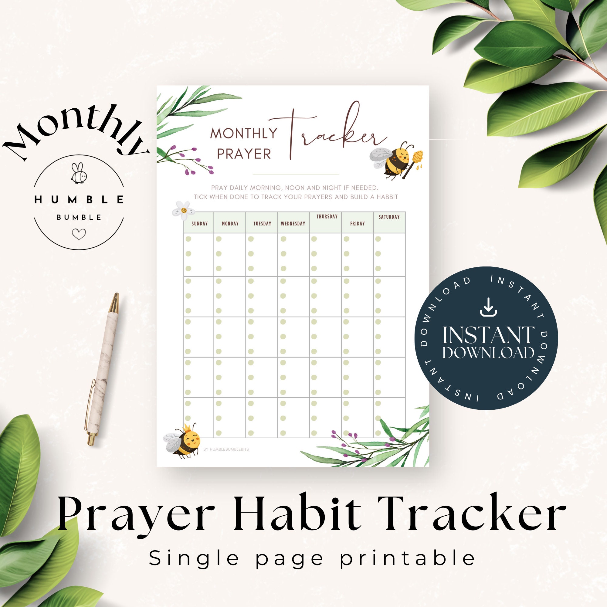 Kids Monthly Prayer Tracker Cute Bee Themed Printable Planner Habit ...