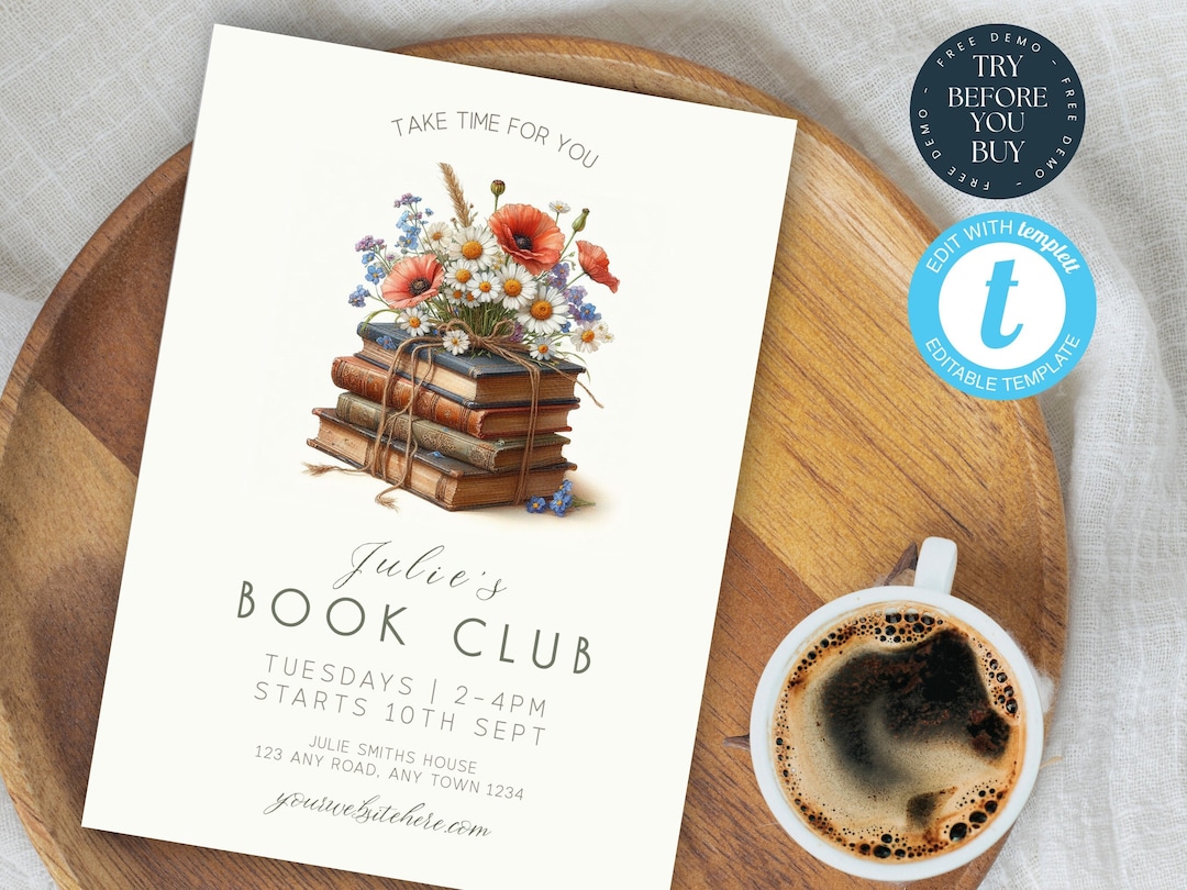 Editable Book Club Invite | Vintage Book Club Invitation | Book Party ...
