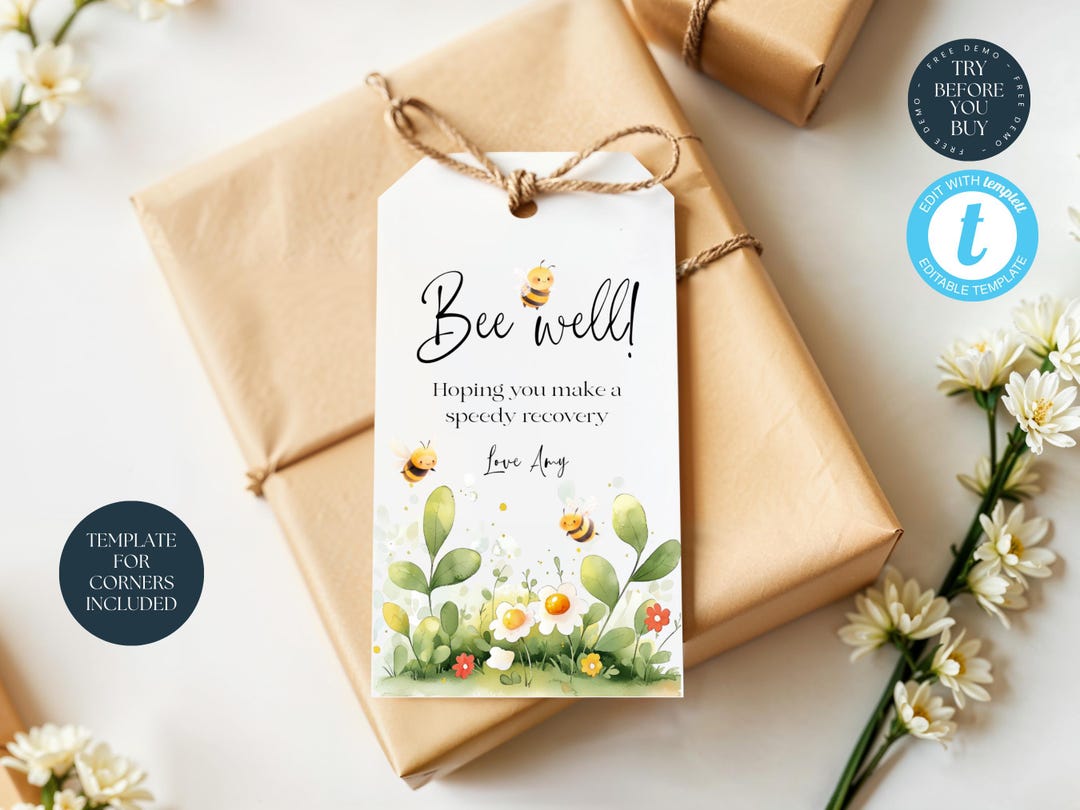 Get Well Soon Gift Tag Template, Bee Well Tag, Thinking of You Tag ...