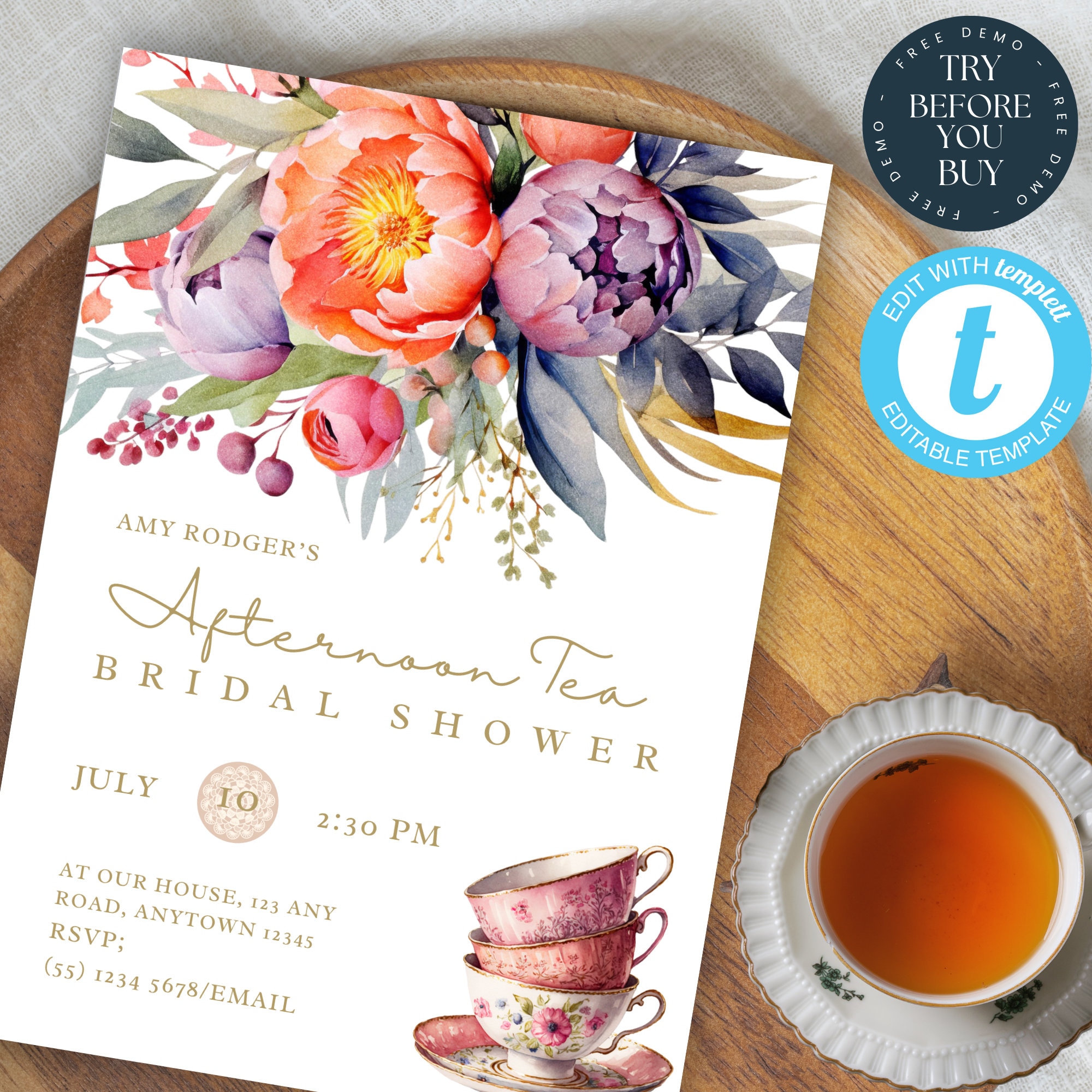 Afternoon Tea Bridal Shower Event Invite Garden Party High Tea Tea ...