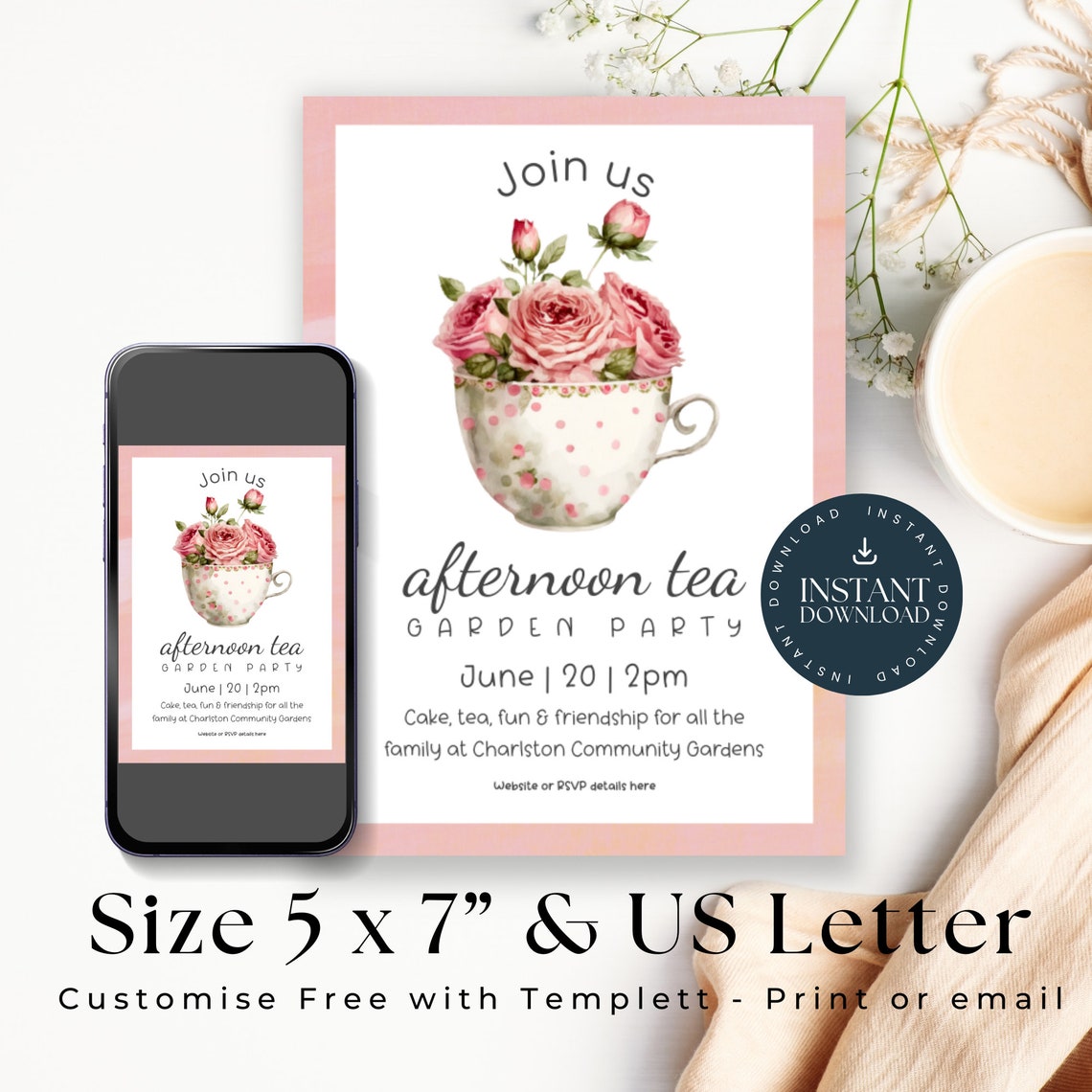 Pink Afternoon Tea Invitation | Garden Tea Party Invite | High Tea ...