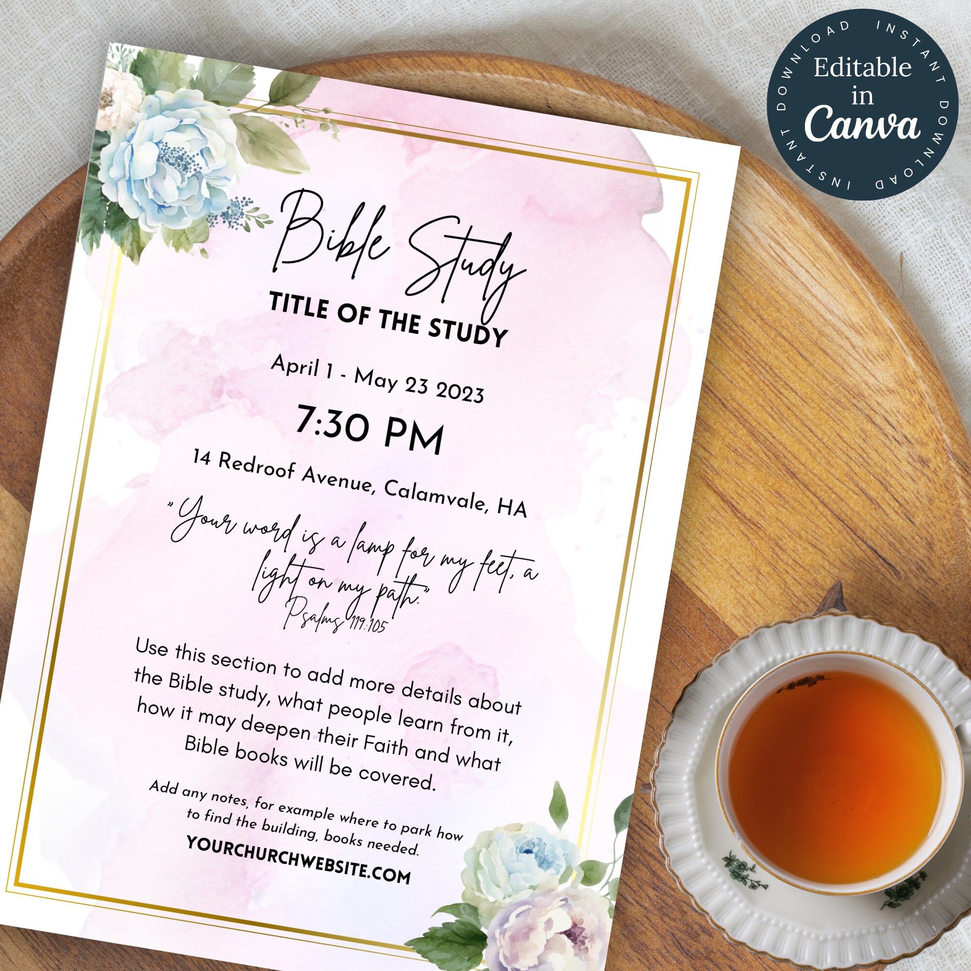 Elegant Pink Floral & Gold Editable Bible Study Invite Prayer Group ...