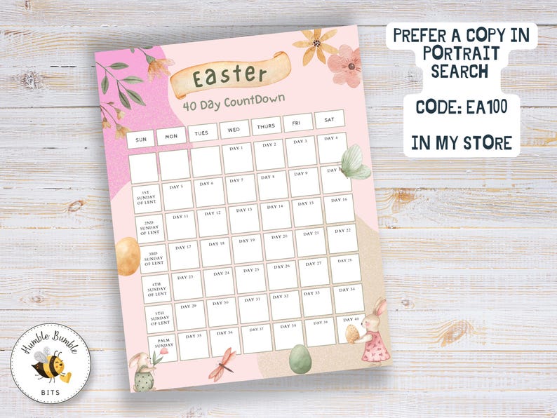 Easter Countdown Calendar, Undated Lent Calendar, Easter Tracker, 40 ...