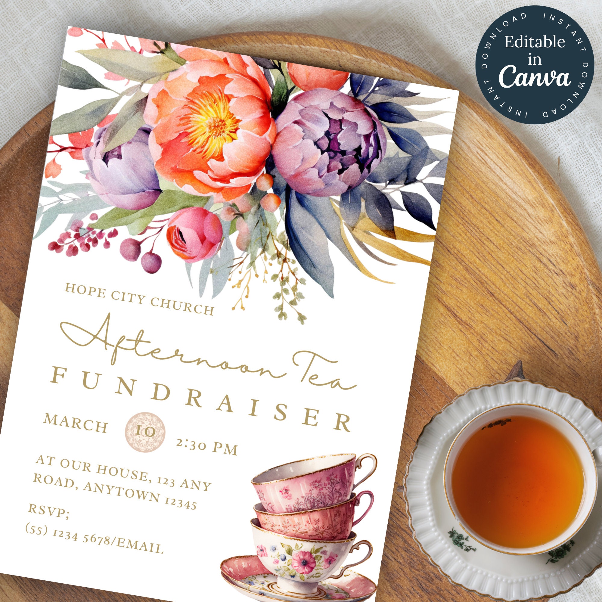 Fundraising Afternoon Tea Invite | Editable Charity Event Invitation ...