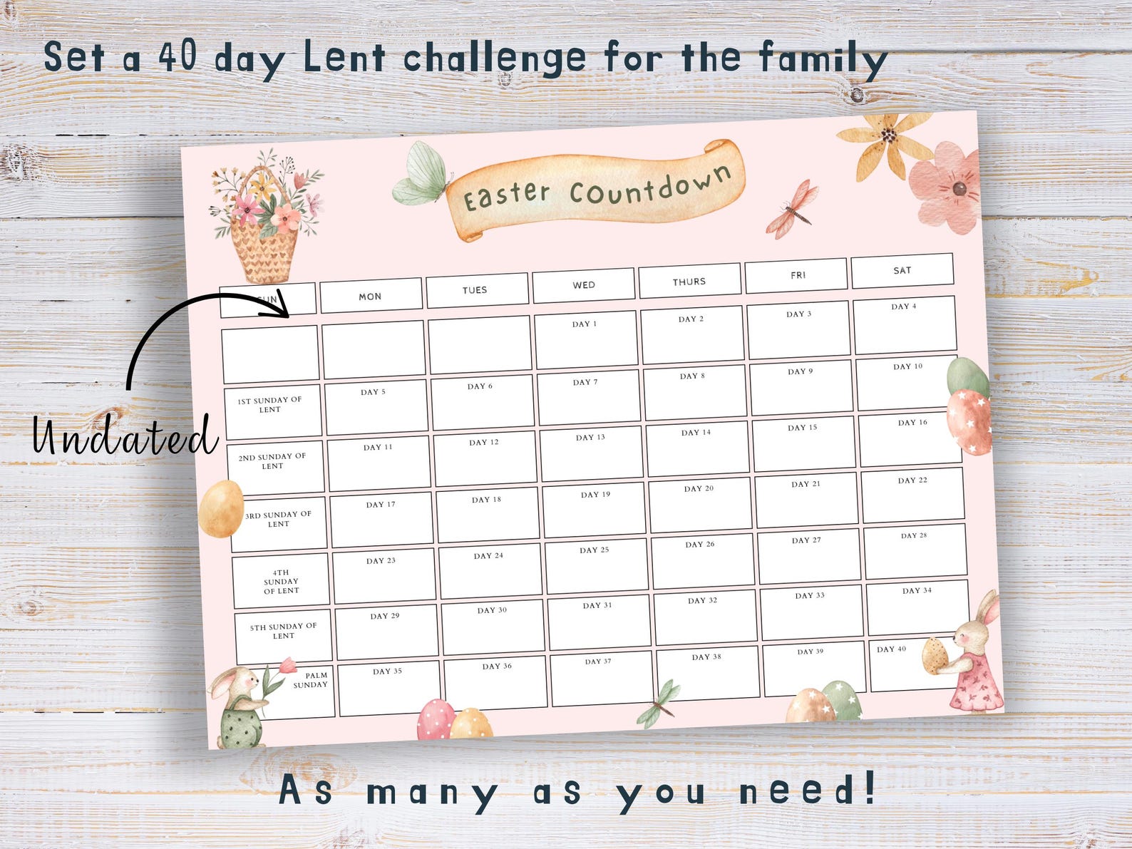 Easter Countdown Calendar, Undated Lent Calendar, Easter Tracker, 40 ...