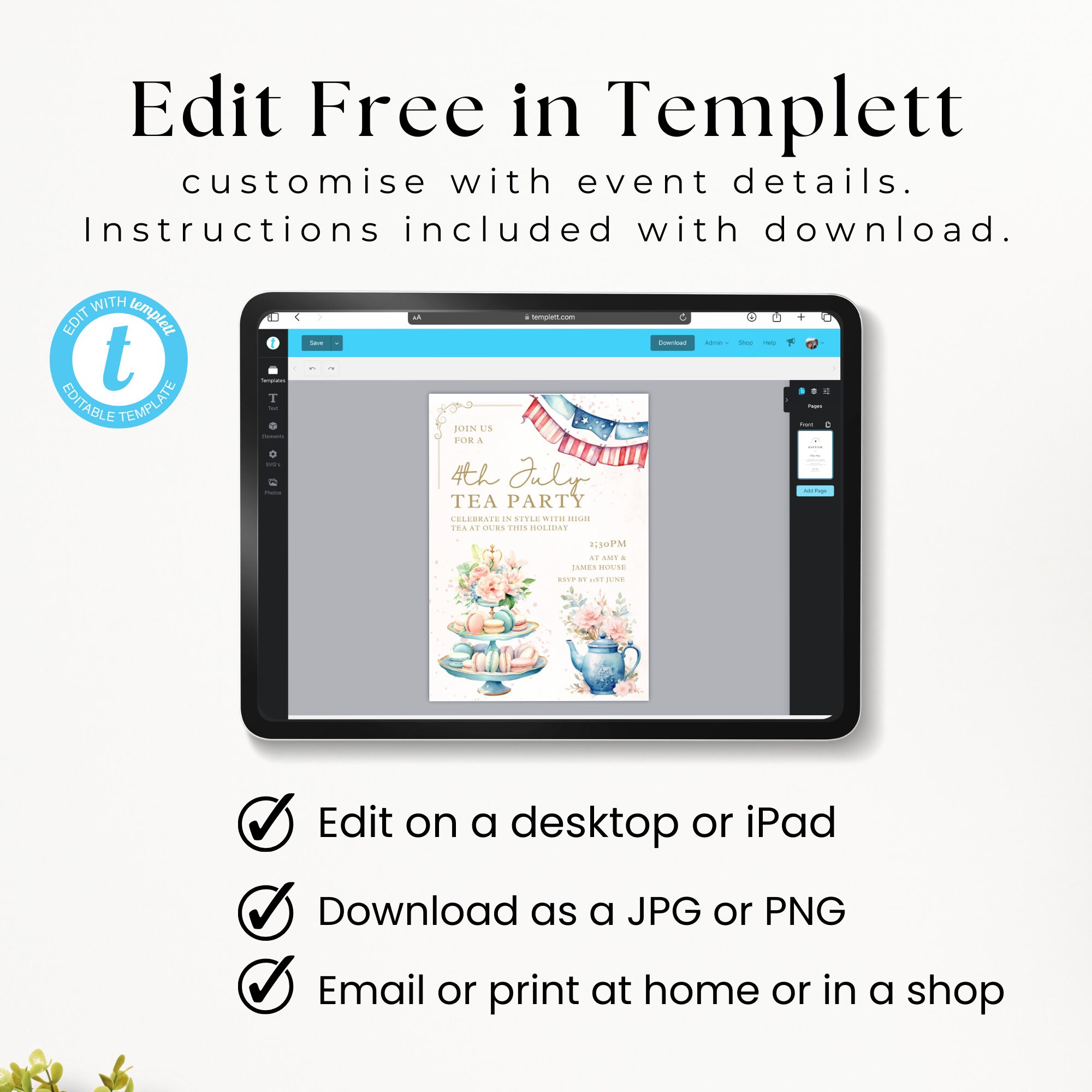 4th July Tea Party Invite Template Fourth July Afternoon Tea High Tea ...