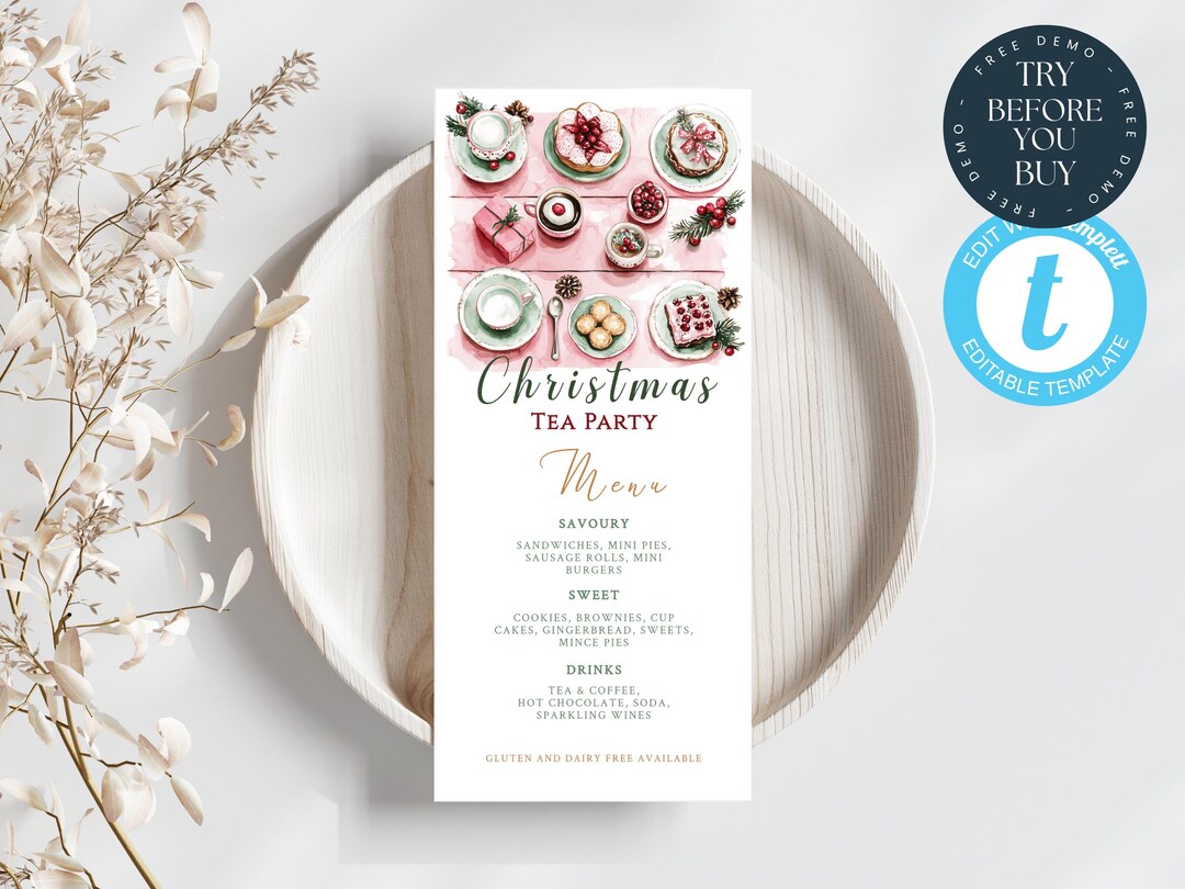 Christmas Tea Party Menu Template | Christmas Menu Card | Printable Par ...