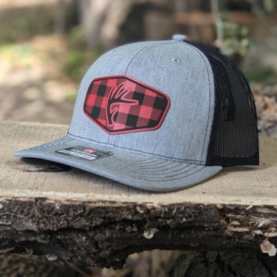 White-tail Hunting Plaid Leather Patch Hat | Trucker Hats | Gift | Deer ...