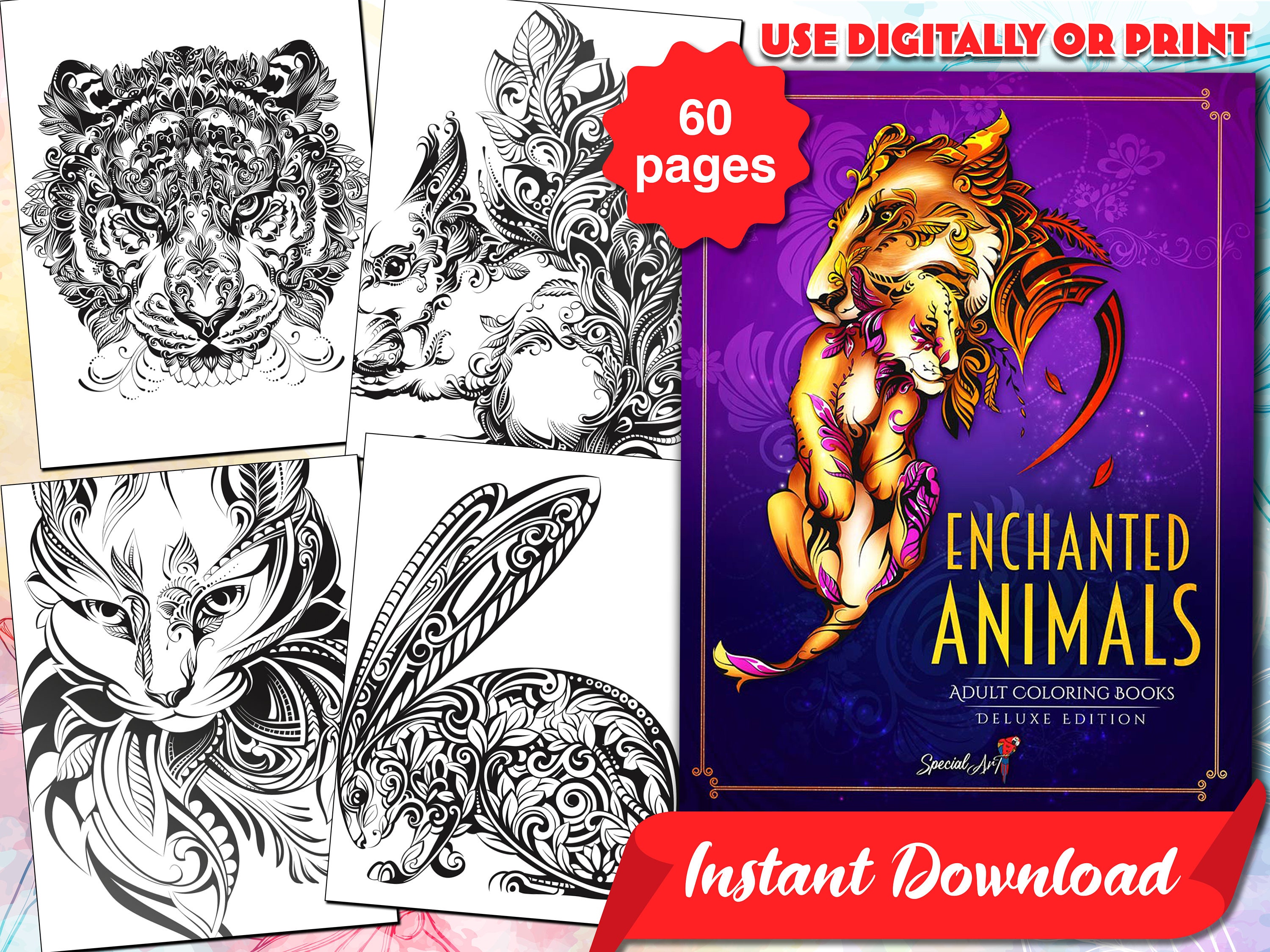 Enchanted Animals: an Adult Coloring Book With 60 Beautiful - Etsy
