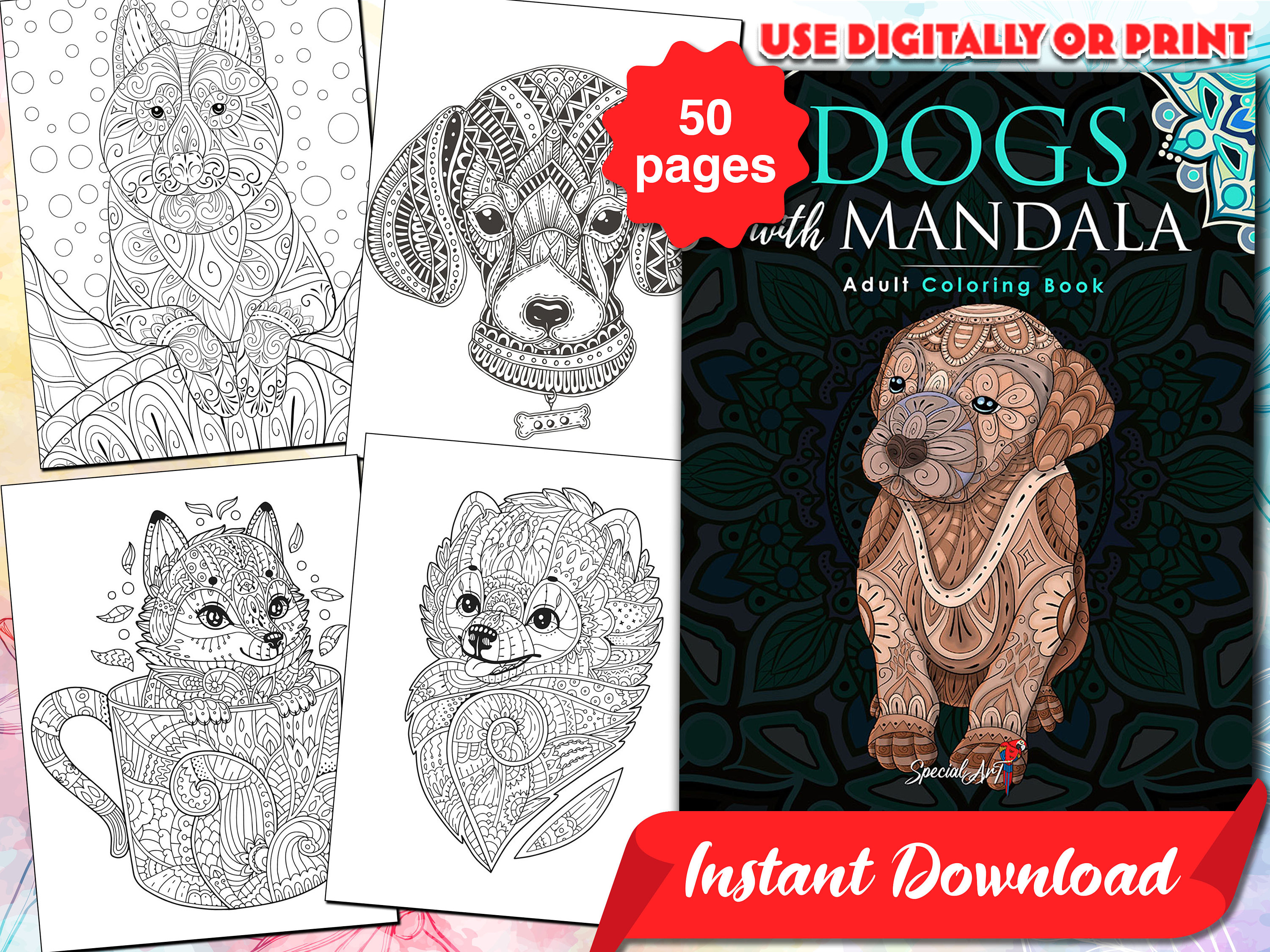 Dogs With Mandalas Coloring Book: 50 Printable Pages (PDF Download) - Etsy