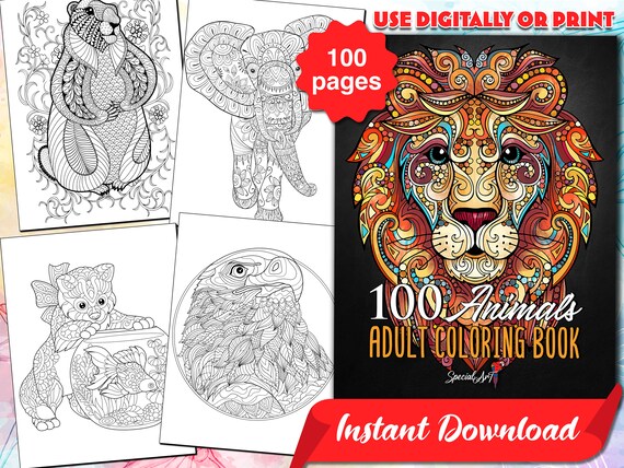 100 Animals: an Adult Coloring Book With 100 Beautiful Animal - Etsy