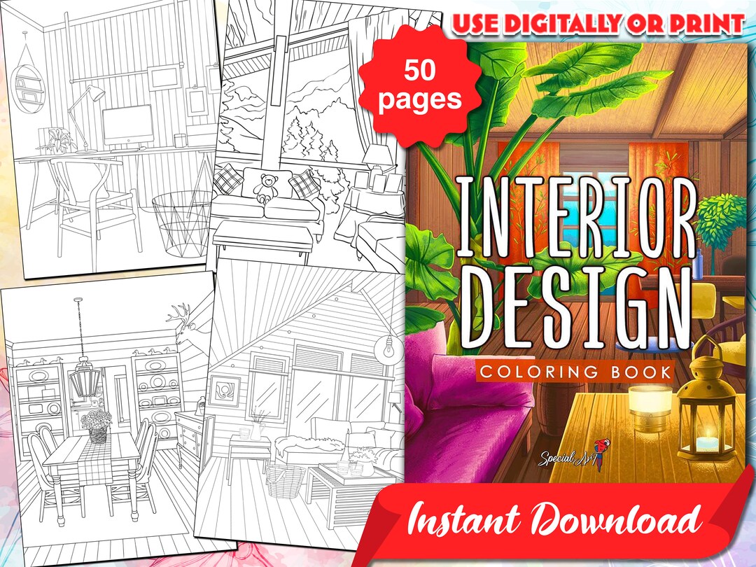 Interior Design Coloring Book: 50 Home Designs for Adults (printable ...