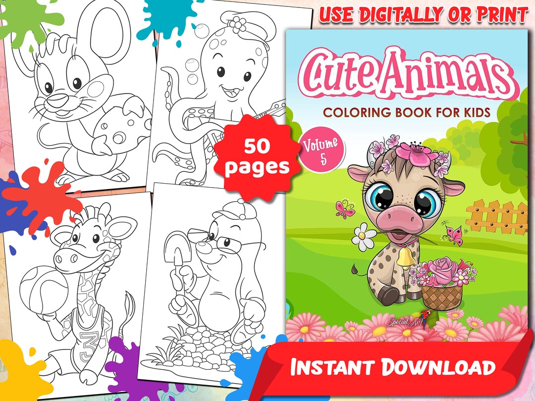 Cute Animals Coloring Book: 50 Printable Pages for Kids (PDF) - Etsy