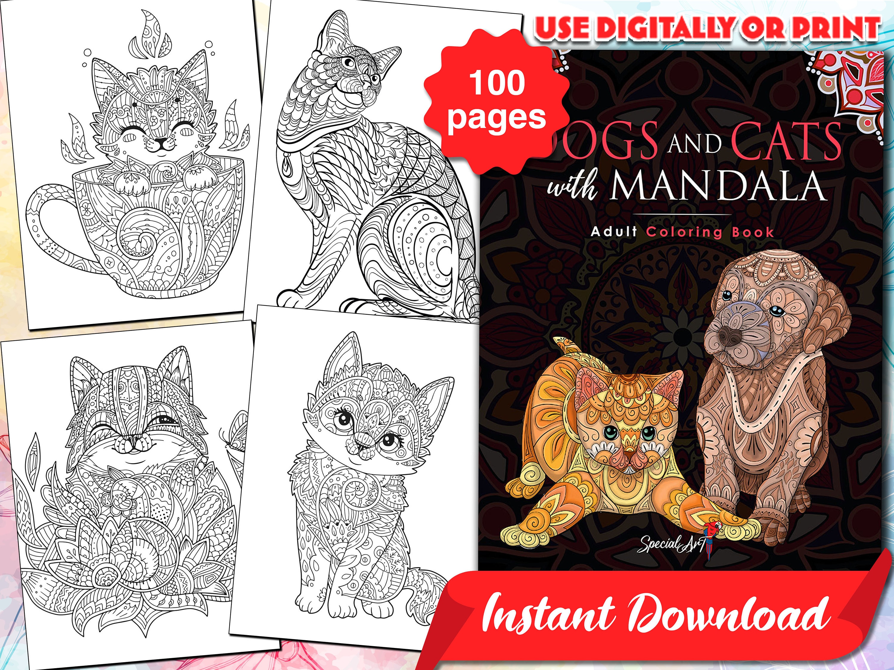 Dogs and Cats With Mandalas: an Adult Coloring Book With 100 Coloring ...