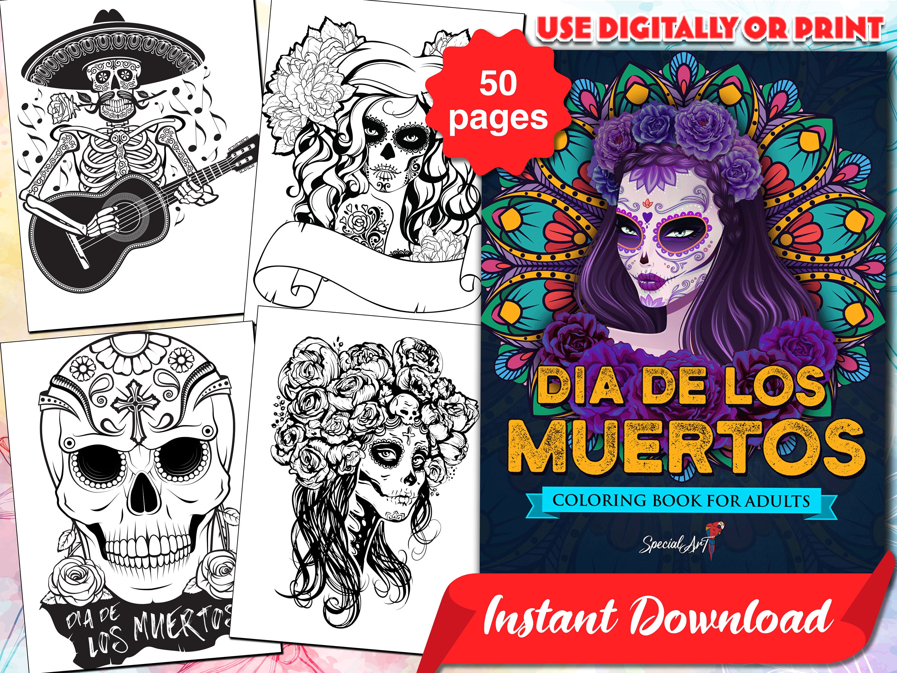 Día De Los Muertos an Dult Coloring Book With 50 Themed Coloring Pages ...