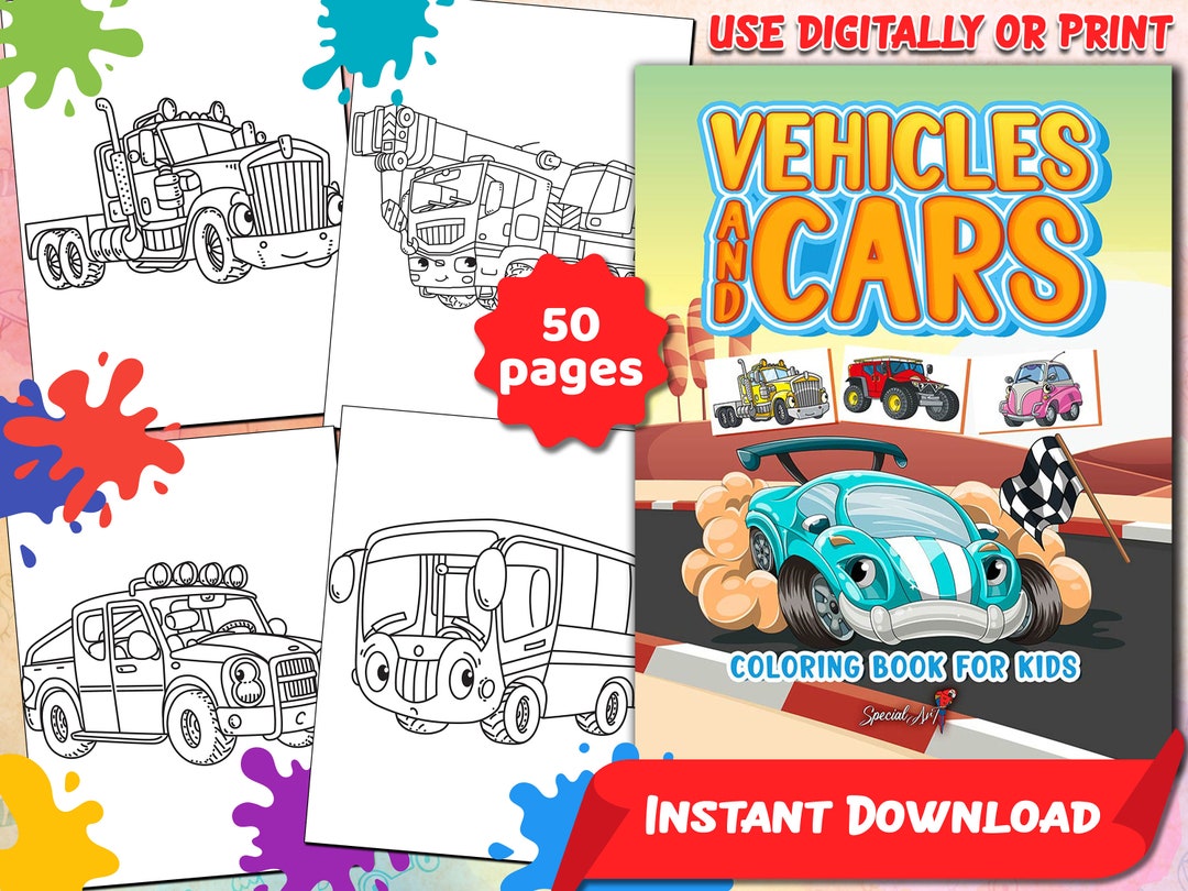Vehicles and Cars: A Coloring Book With 50 Beautiful and Cute Coloring ...