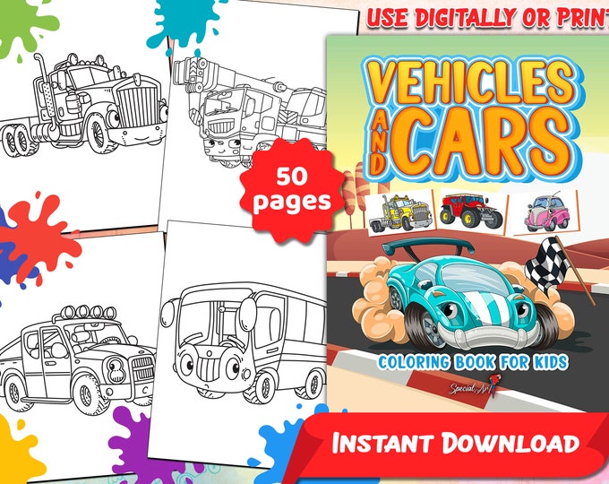 Vehicles and Cars: A Coloring Book With 50 Beautiful and Cute Coloring ...