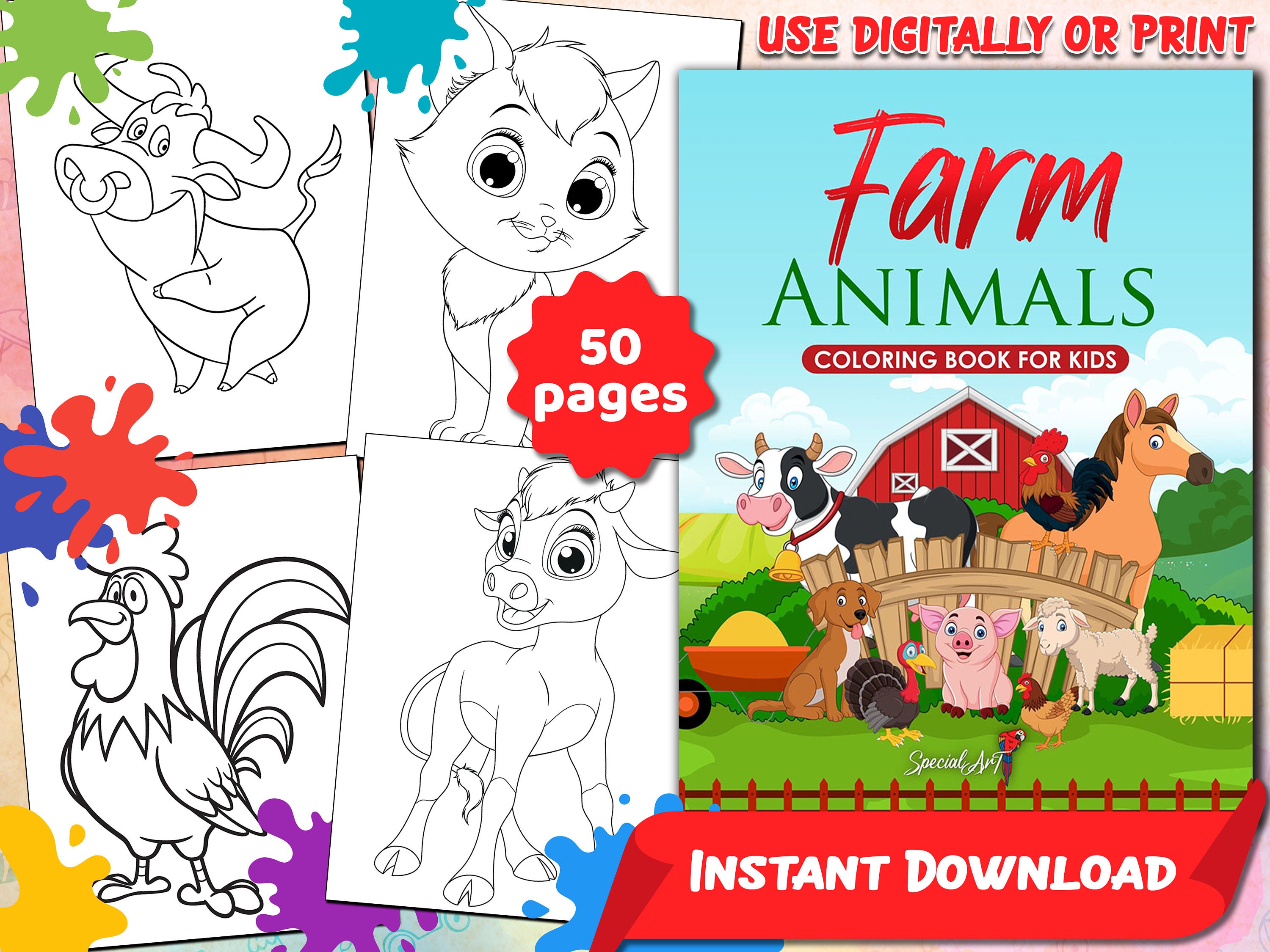 Farm Animals: A Coloring Book With 50 Beautiful and Cute Coloring Pages ...