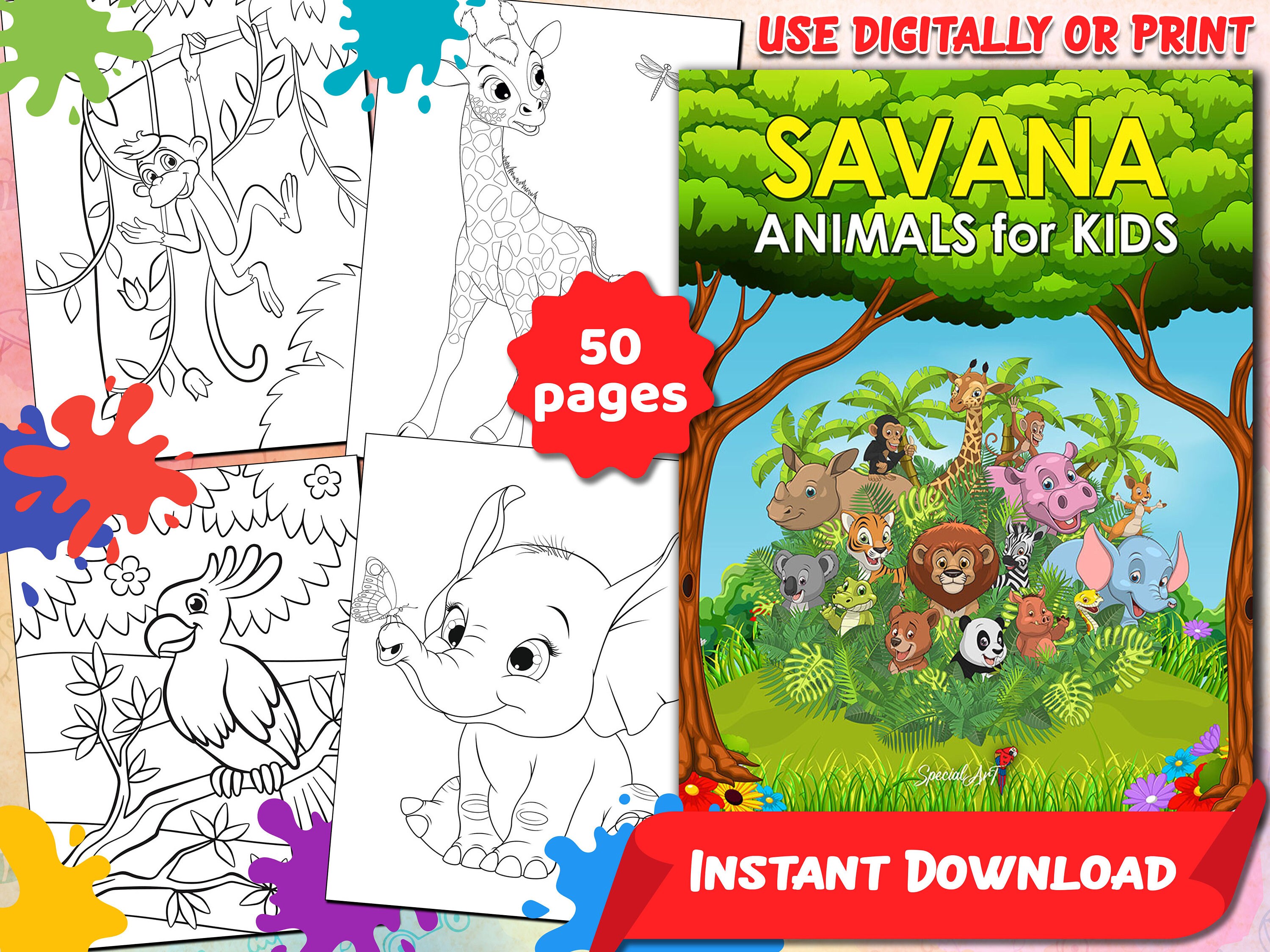 Savana Animals: A Coloring Book With 60 Beautiful and Cute Coloring ...
