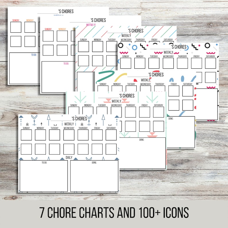 7 Assorted Kids Chore Charts With 100+ Icons | Printable Chore Chart ...