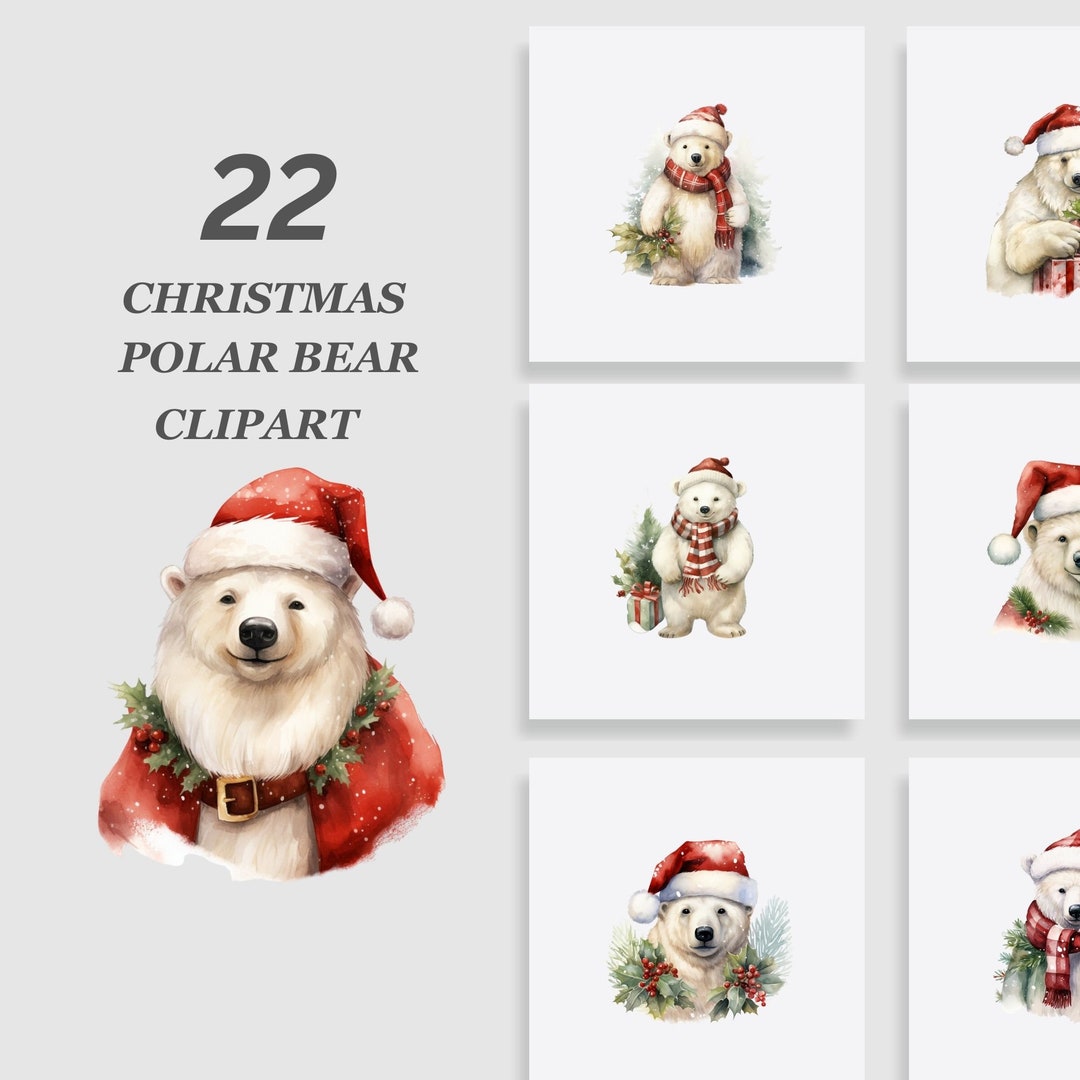 Christmas Polar Bear PNG Bundle, Watercolor Polar Bear Clipart ...