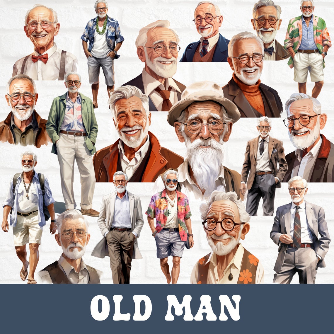 Old Man Clipart Bundle, Elderly Man Clipart, Old Man PNG, Grandpa PNG ...