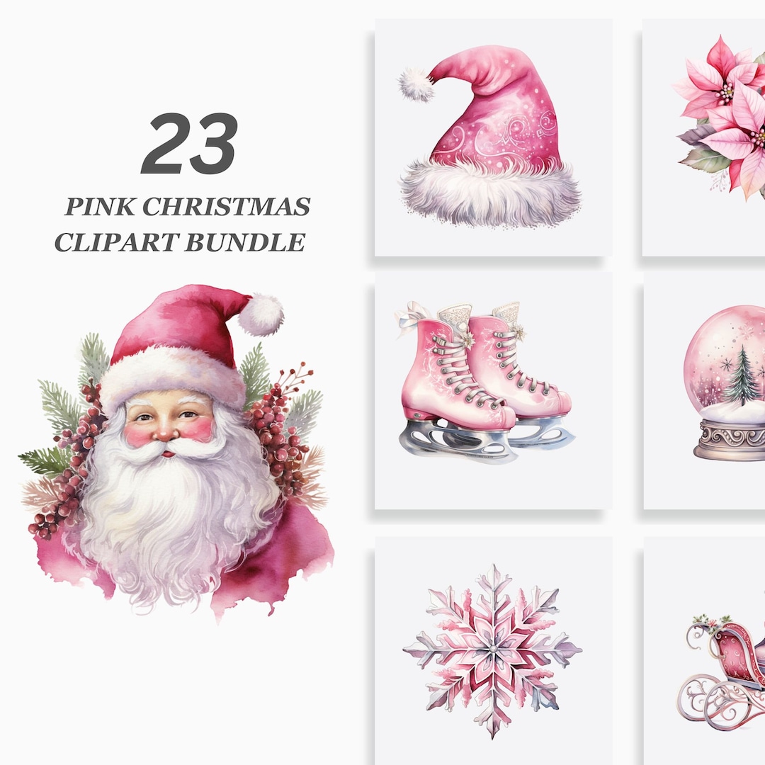 Watercolor Pink Christmas Clipart Bundle, Pink Santa Clipart, Pink ...