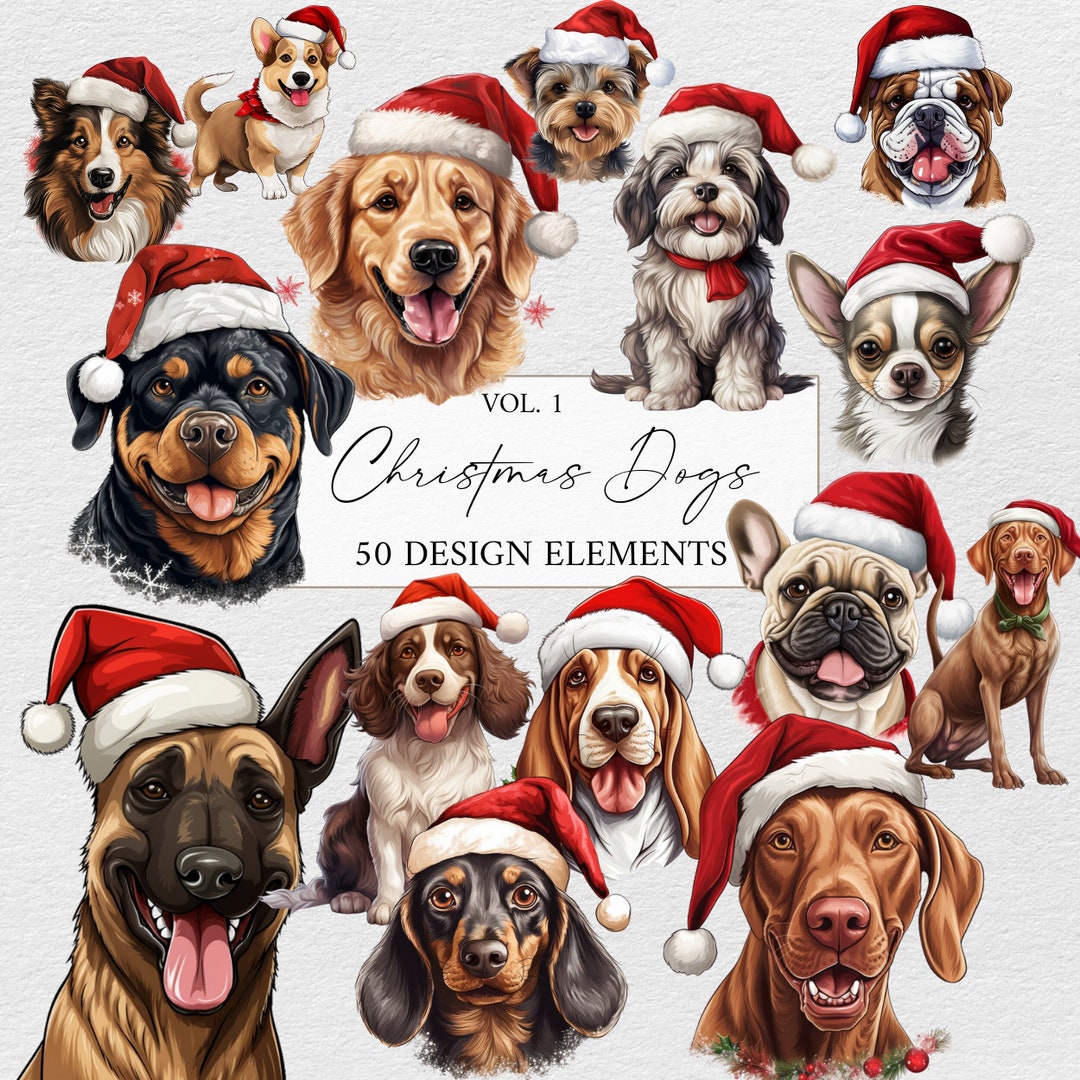 Christmas Dog Clipart, Watercolor Dog Clipart, Santa Clipart, Dog ...