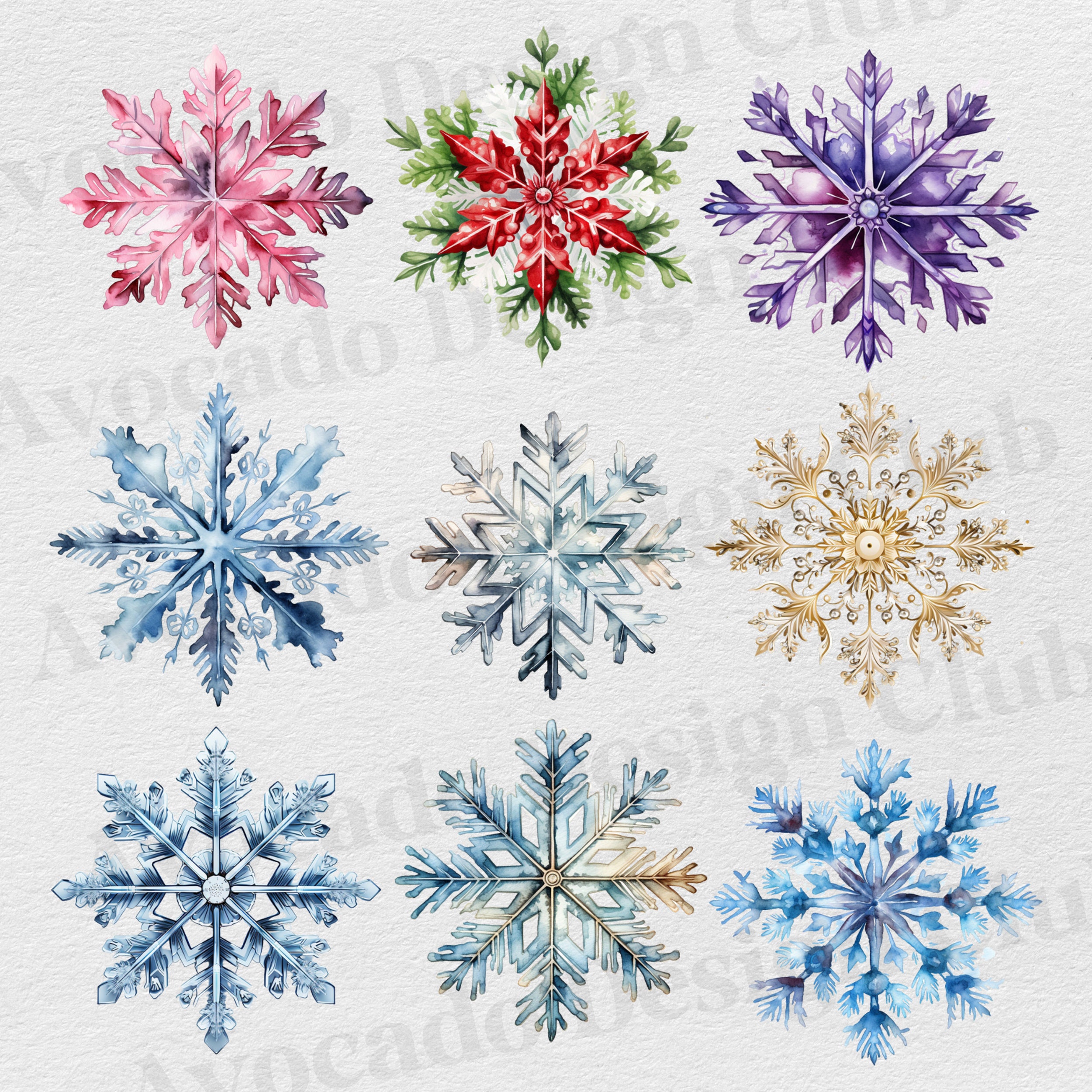Snowflake Clipart Bundle, Watercolor Snowflake Clipart, Holiday Clipart ...