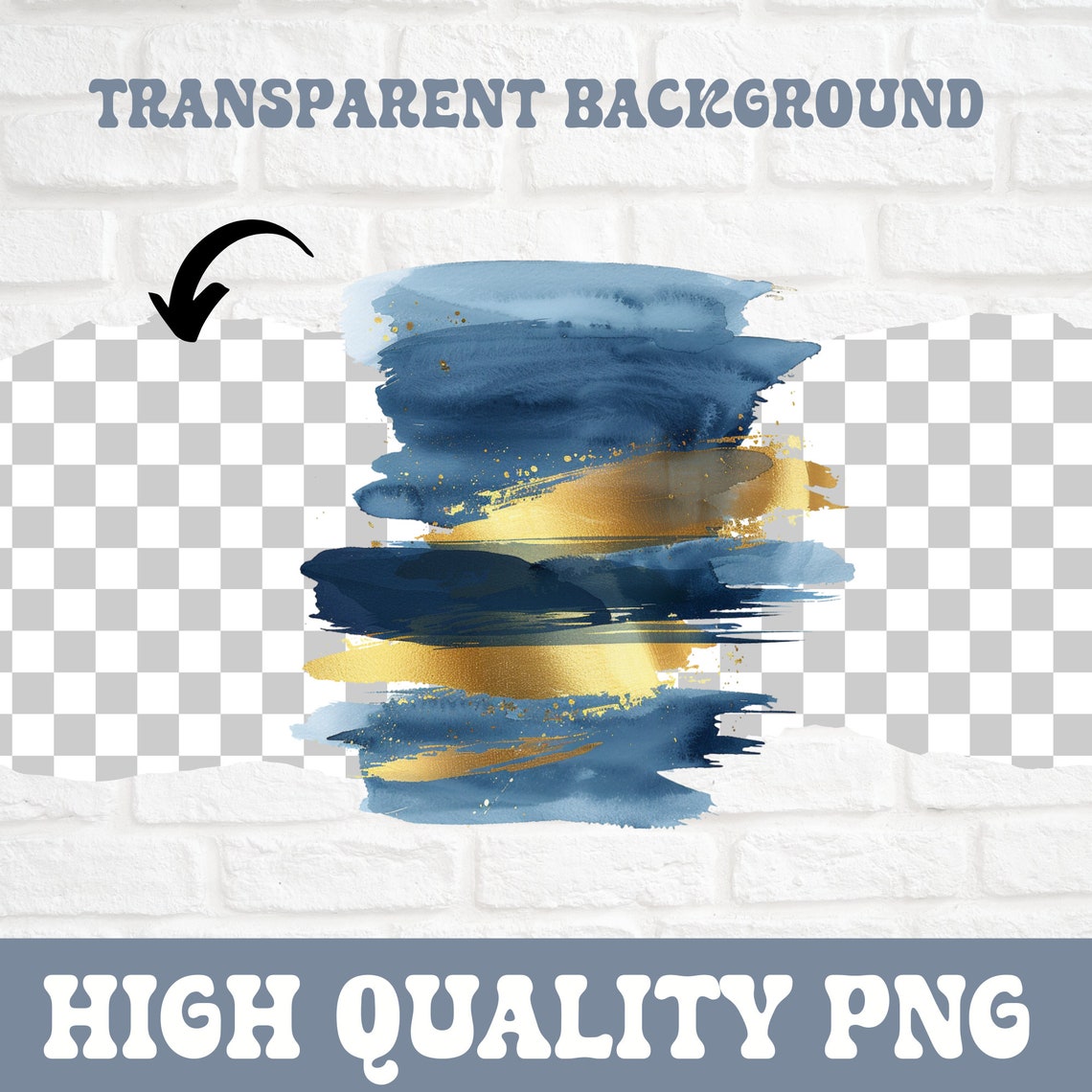 Navy Gold Watercolor Elements, Brush Strokes, Gold Frame With Navy Blue ...