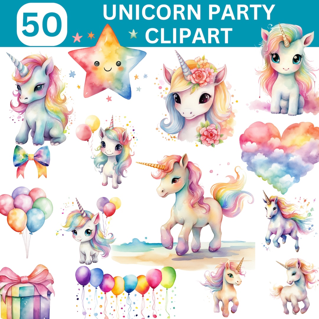 Unicorn Birthday Party Clipart, Cute Unicorn Clipart Bundle, Magic ...