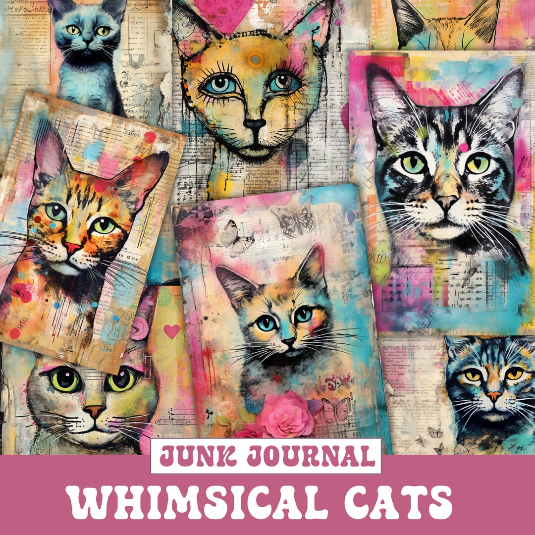 Whimsical Cat Junk Journal Pages, Antique Paper Junk Journal Pages, Cat ...