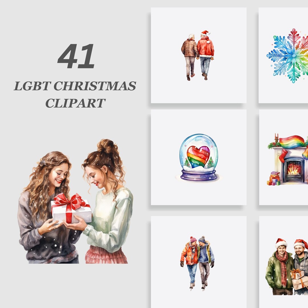 Watercolor Gay Christmas Clipart Bundle, Rainbow Holiday Clipart ...