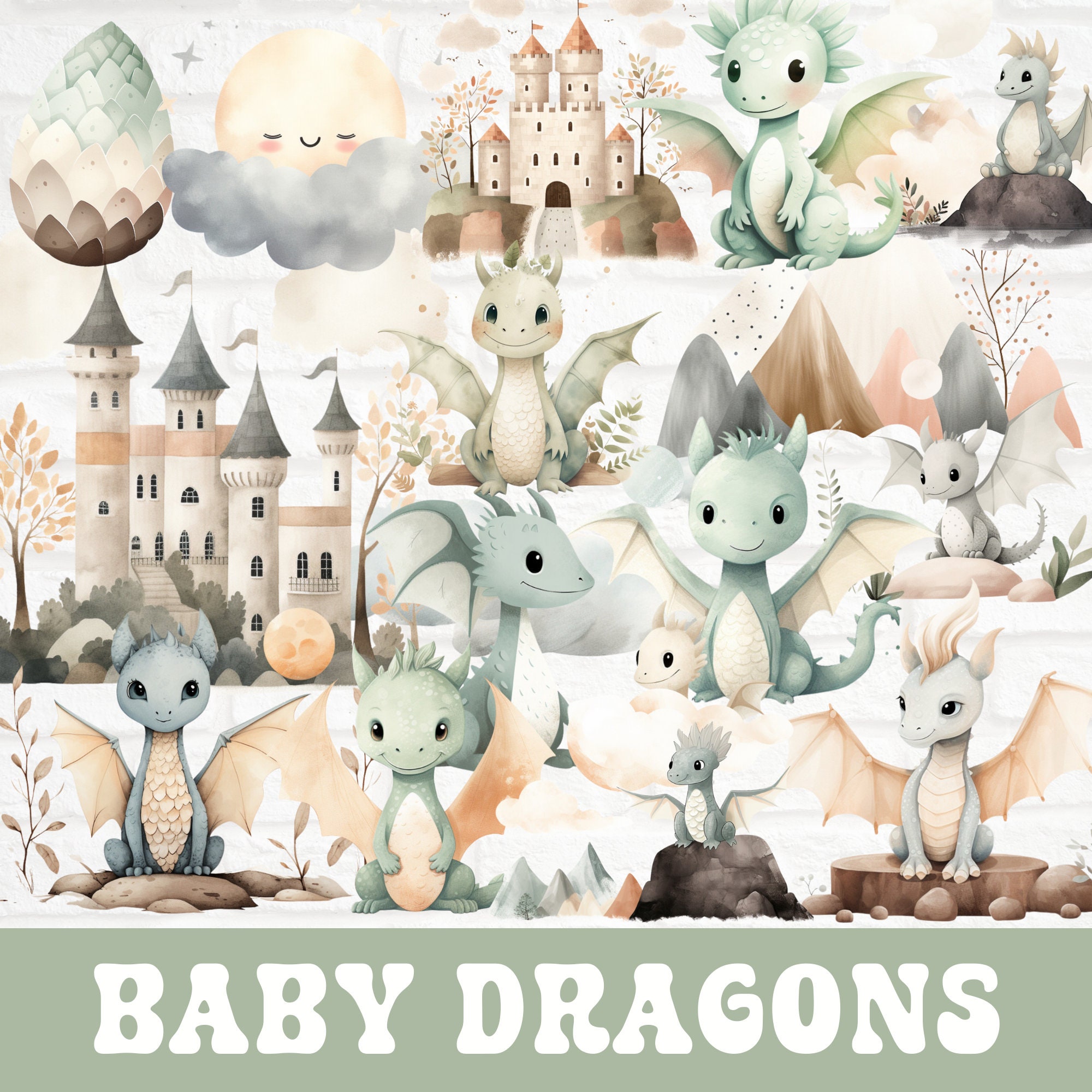 Baby Dragon Clipart, Dragon Watercolor Clipart Bundle, Neutral Baby ...