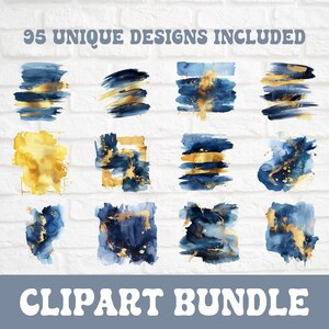 Navy Gold Watercolor Elements, Brush Strokes, Gold Frame With Navy Blue ...