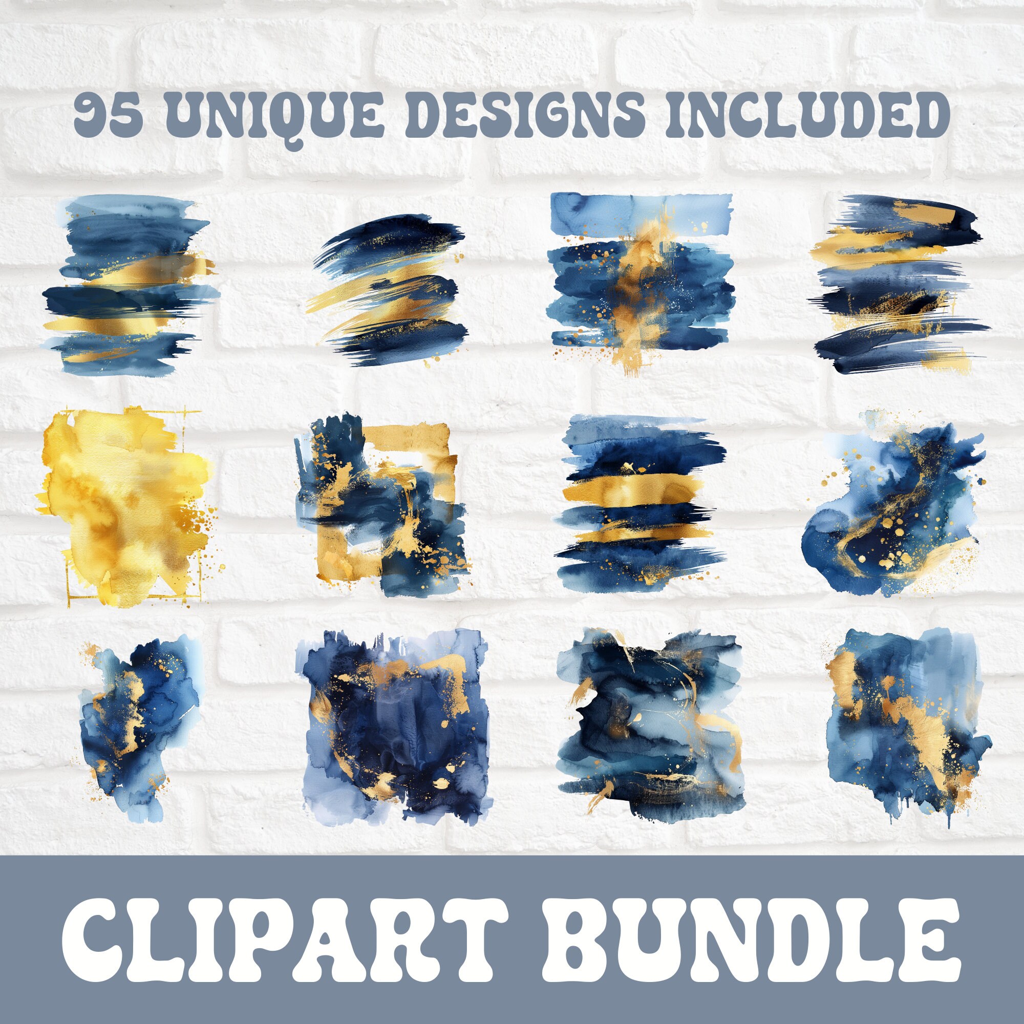 Navy Gold Watercolor Elements, Brush Strokes, Gold Frame With Navy Blue ...