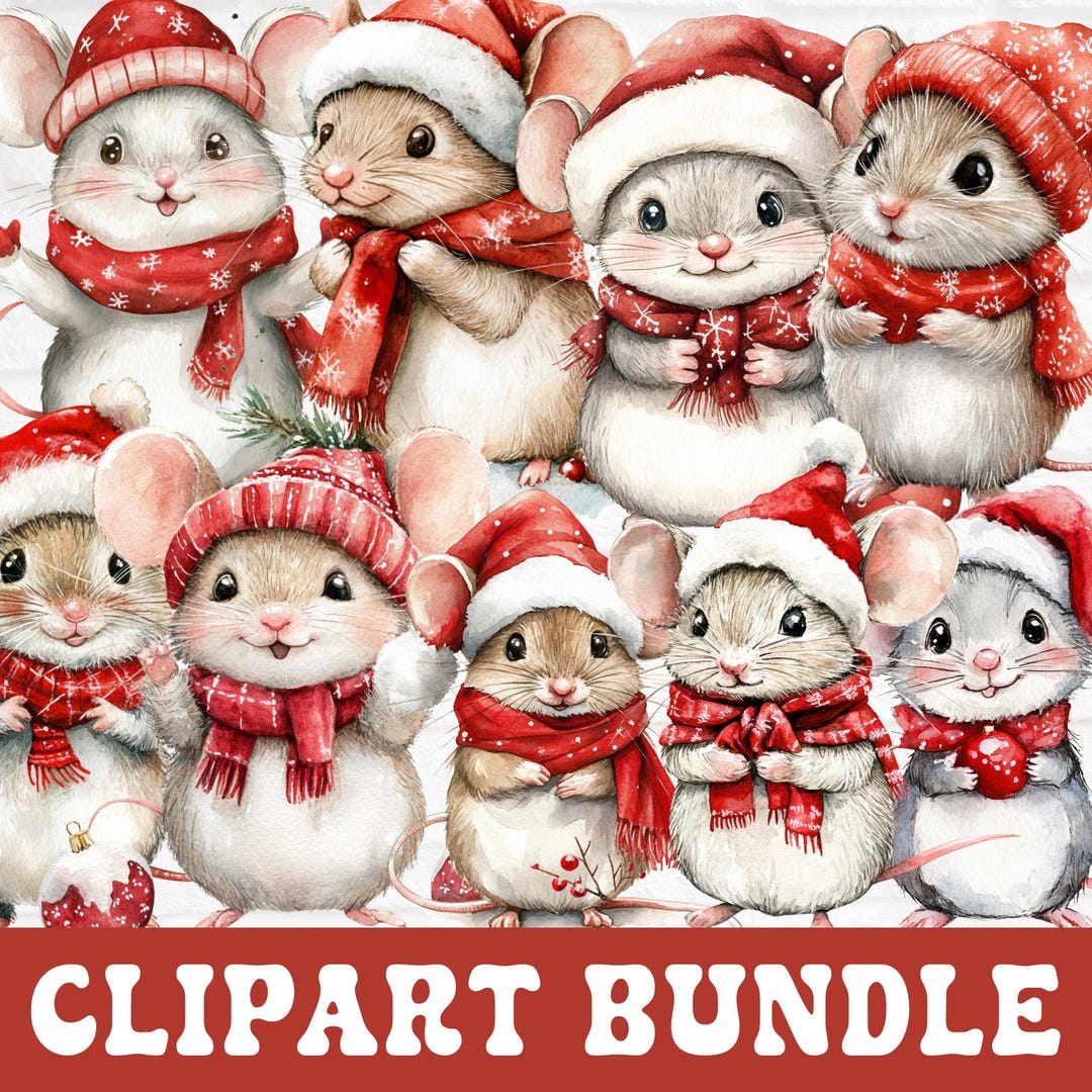 Christmas Mouse Clipart Bundle, Christmas Animal Clipart, Watercolor ...