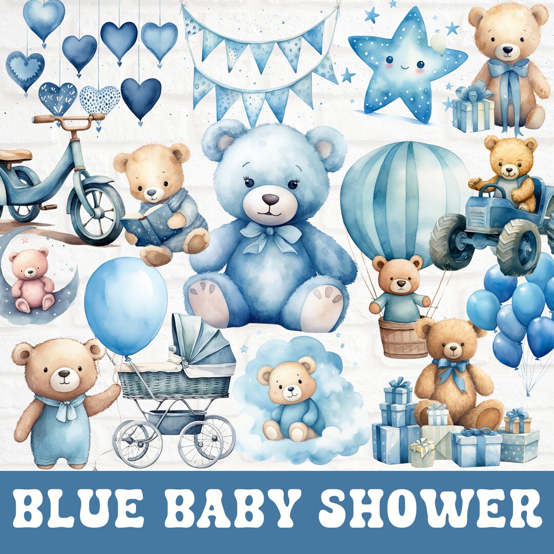 Boy Baby Shower Clipart, Teddy Bear Clipart, Blue Nursery Clipart, Baby ...