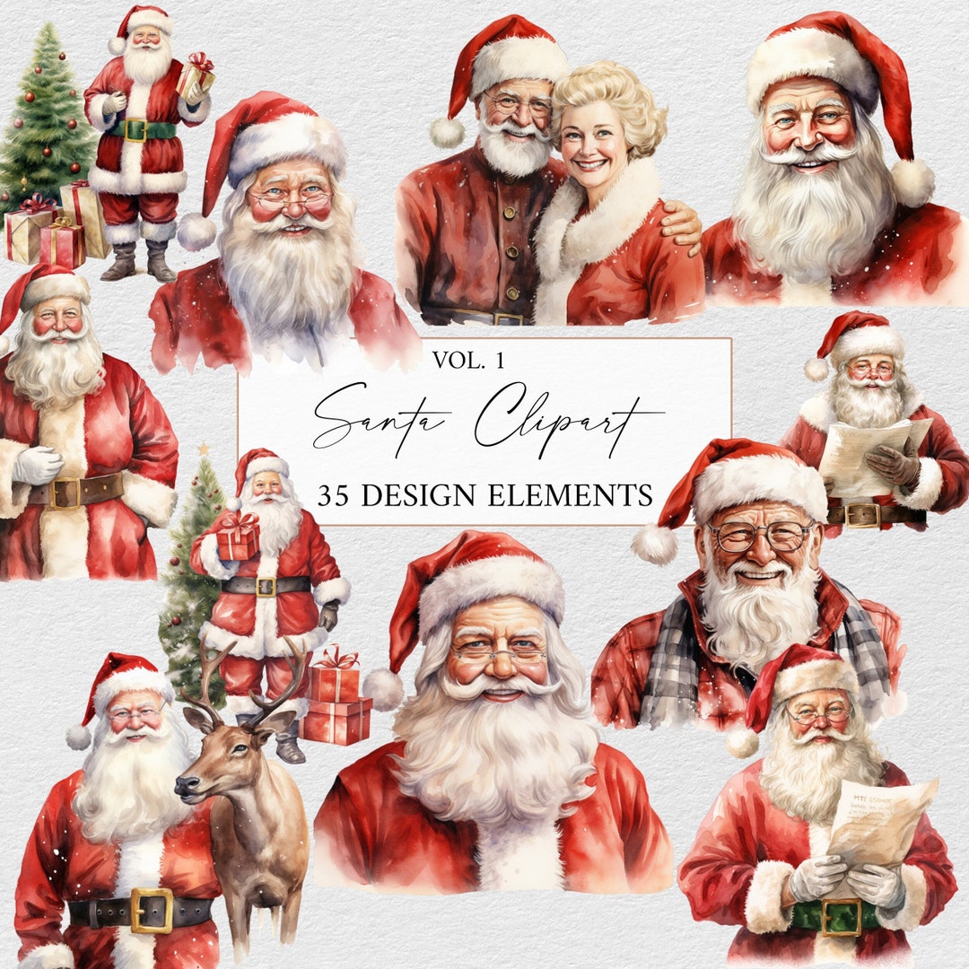 Classic Santa Clipart, Christmas Clipart Bundle, Watercolor Santa ...