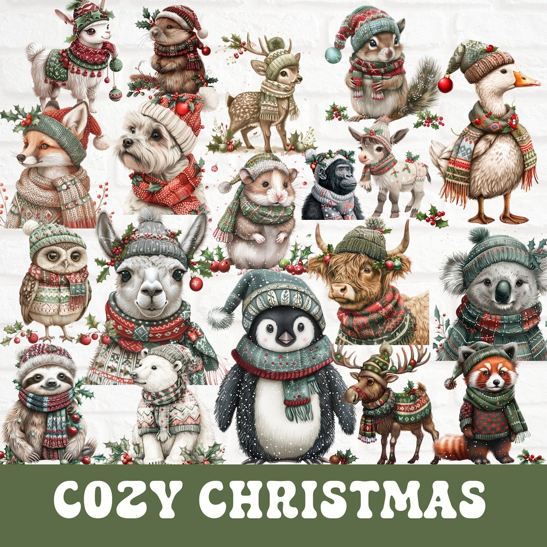 Cute Christmas Animal Clipart, Cozy Holiday Animal Pngs, Watercolor ...